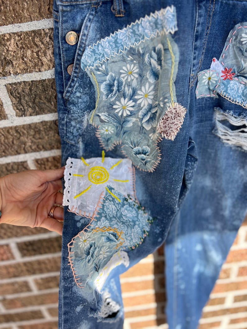 Forever 21 US 26 Hand Embroidered / Bleached/ Patchwork Overalls - Etsy