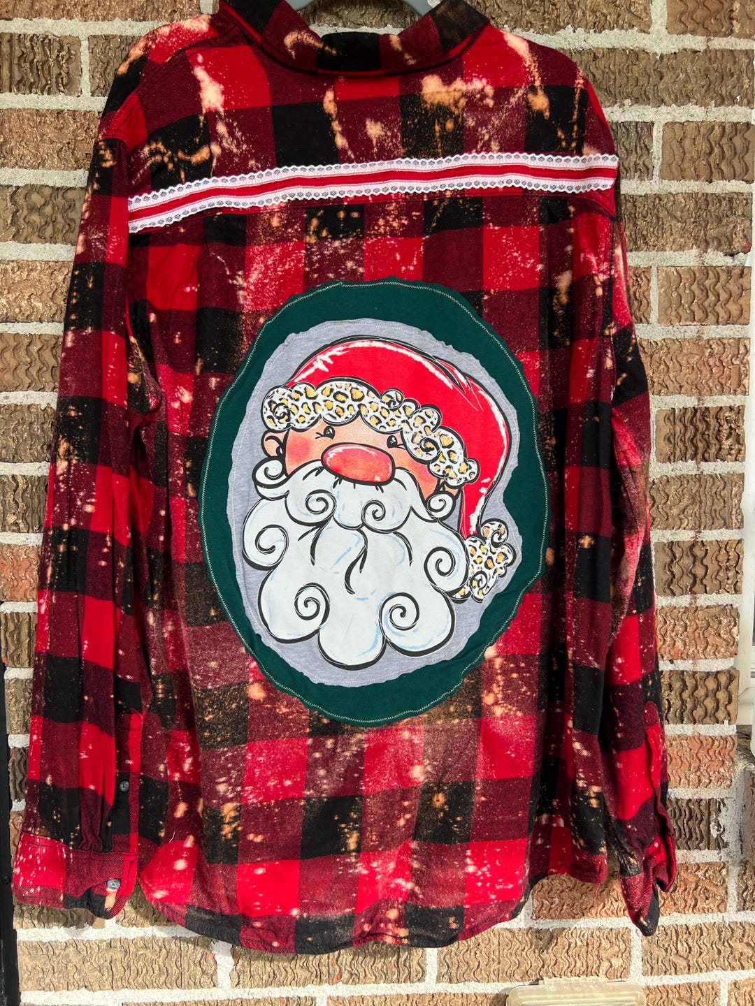 Santa Christmas Upcycled Flannel. Bleached. Recycled Fabric Appliqué ...