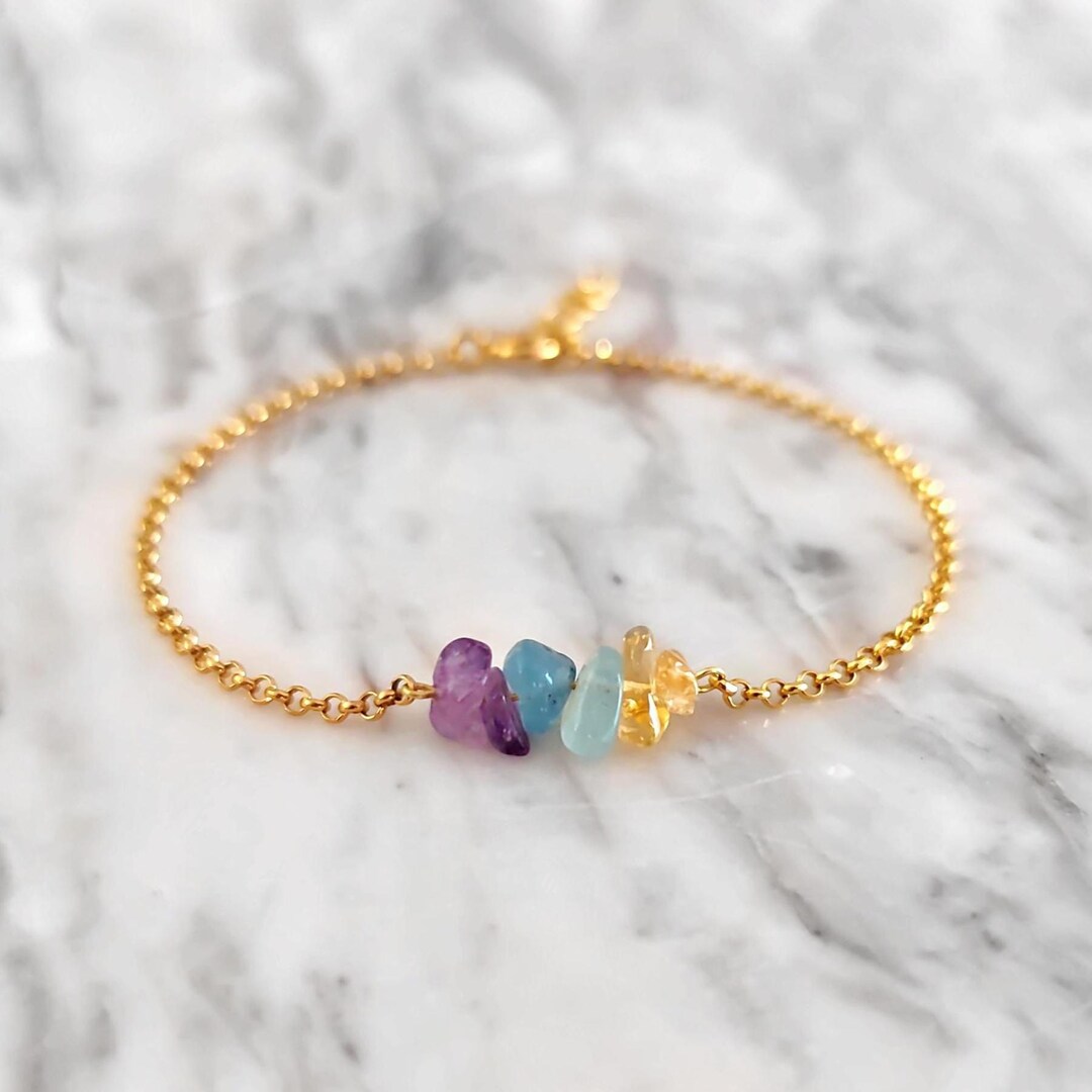 Gemini Zodiac Bracelet: Raw Amethyst, Aquamarine & Citrine Gemstone ...