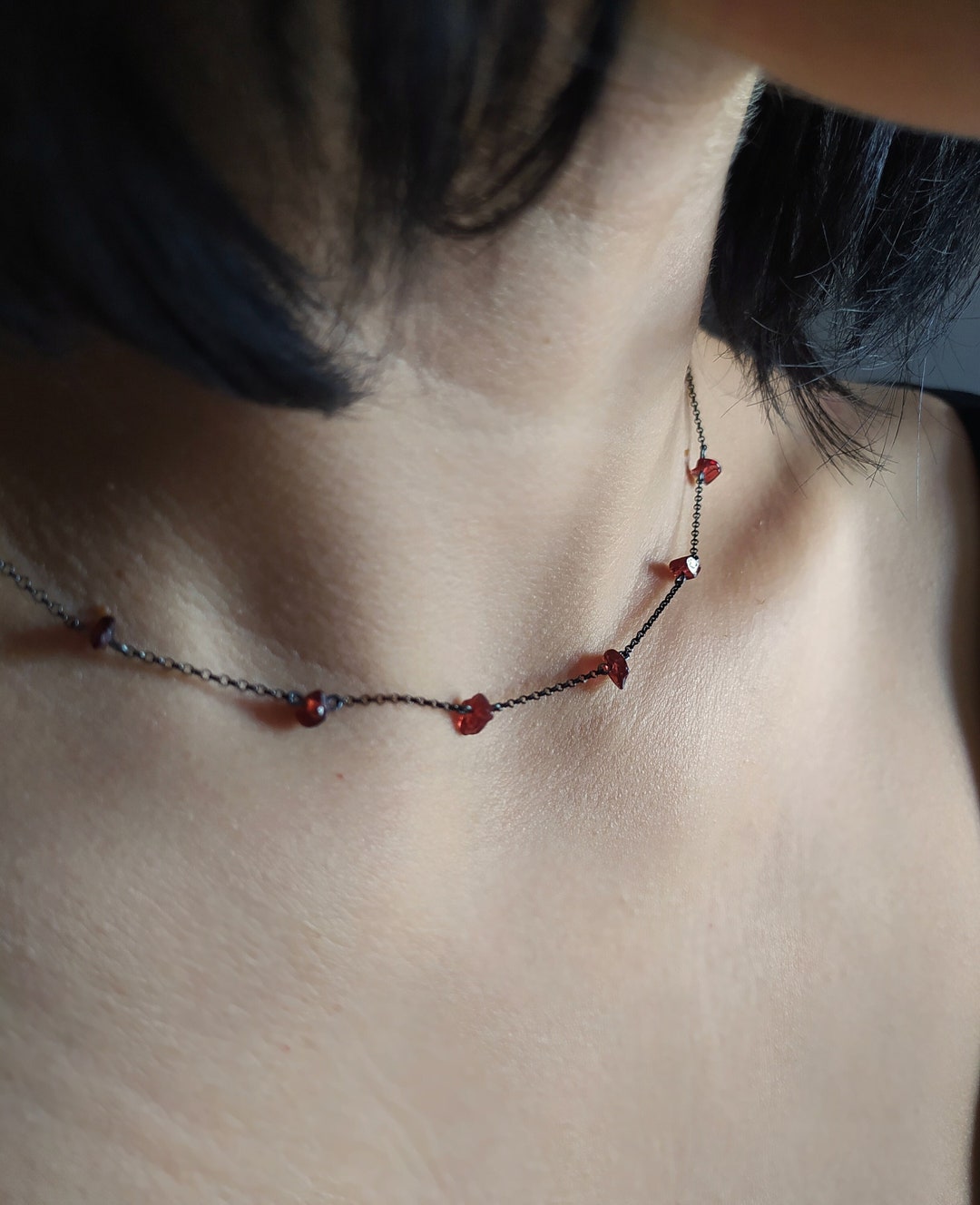 Artemis Dreaming / Dainty Raw Garnet Black Necklace / Black Sterling ...