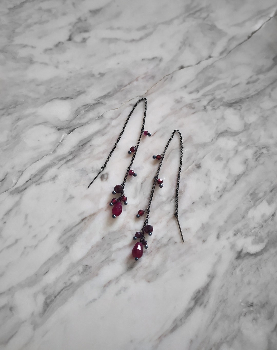 Artemis Dreaming / Long Threader Black Chain Earrings / Burgundy ...