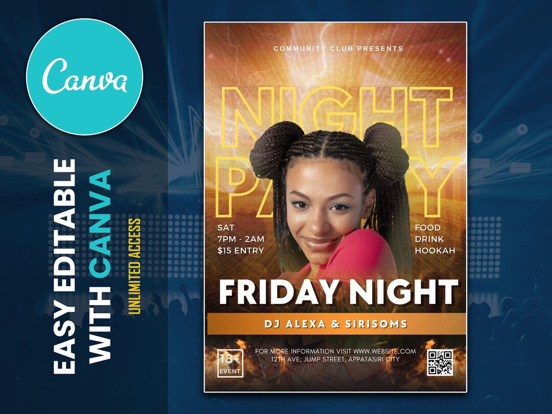 Editable Canva Black Women Friday DJ Bash Flyer Night Club Invitation ...