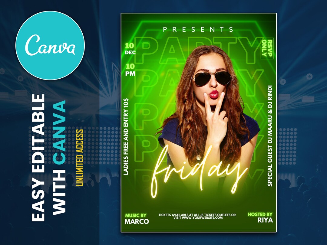 Editable Canva FRIDAY PARTY Night DJ Flyer Night Club Invitation ...
