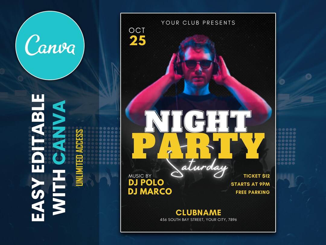 Editable Canva Saturday Night Party DJ Bash Flyer Club Invitation ...
