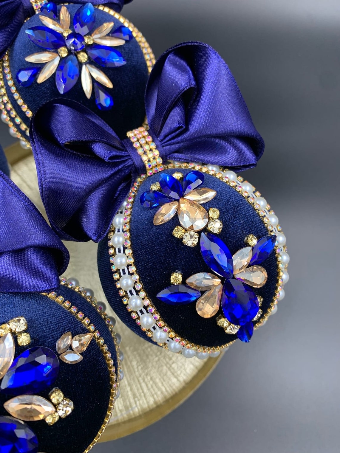 Navy Blue Velvet Christmas Baubles With Rhinestones. Blue Xmas ...
