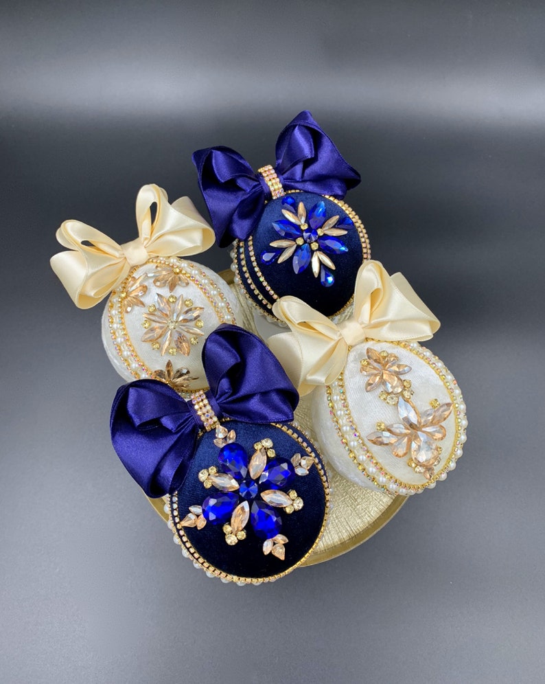 Navy Blue Velvet Christmas Baubles With Rhinestones. Blue Xmas ...
