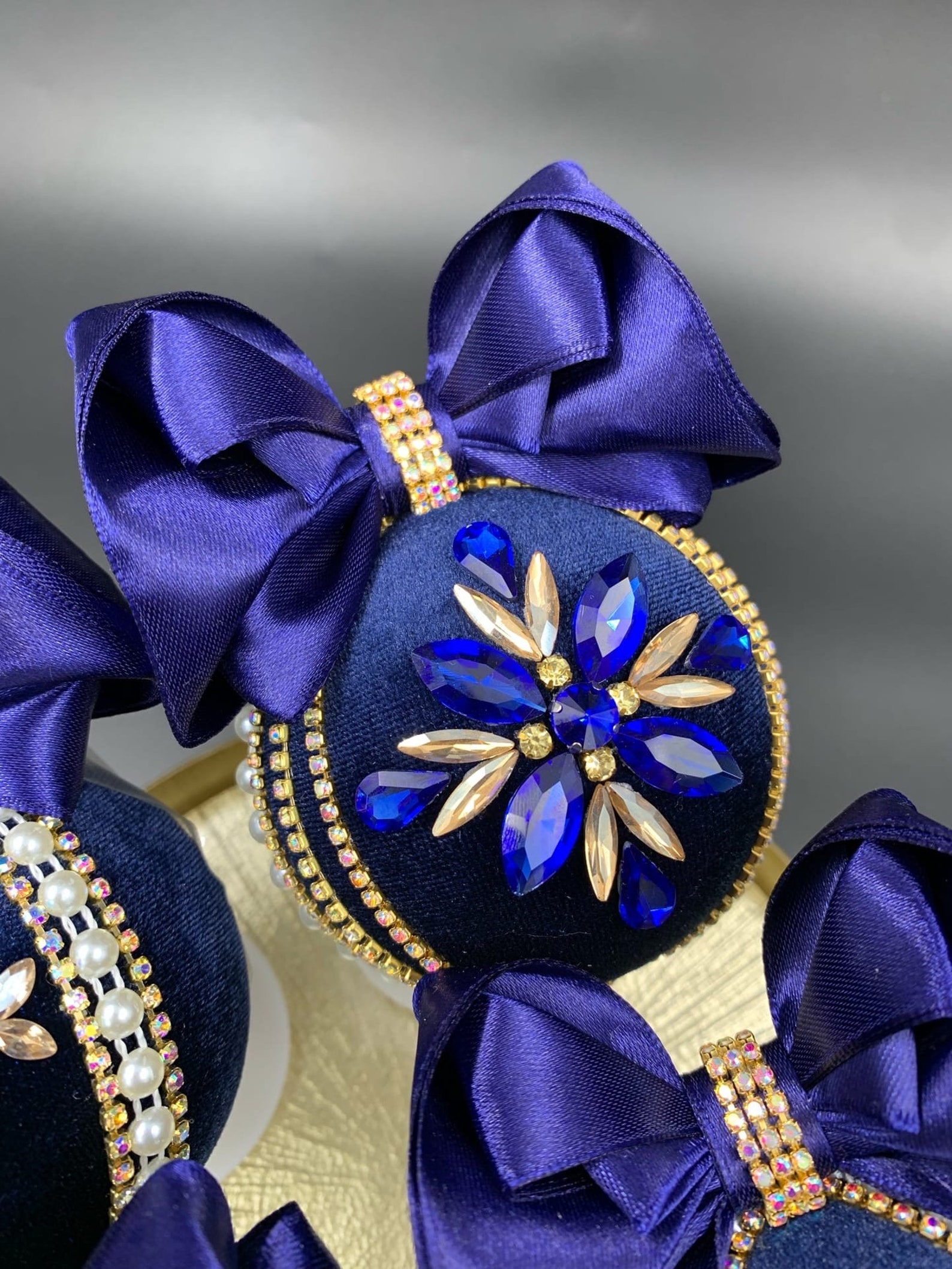 Navy Blue Velvet Christmas Baubles With Rhinestones. Blue Xmas ...