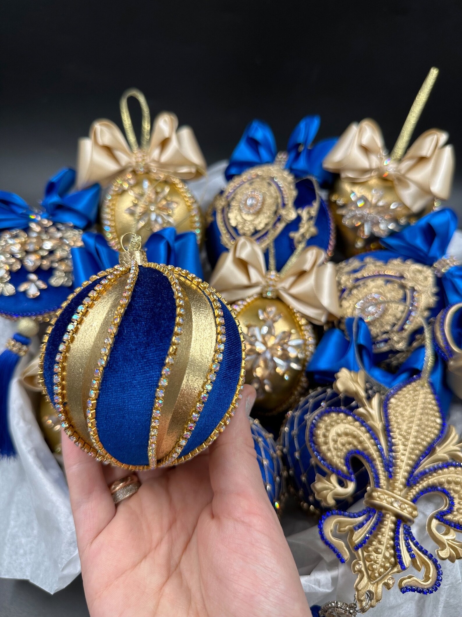 Set of Royal Blue and Gold Christmas Ornaments in the Gift Box- 14 Pcs ...