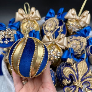 Set of Royal Blue and Gold Christmas Ornaments in the Gift Box- 14 Pcs ...