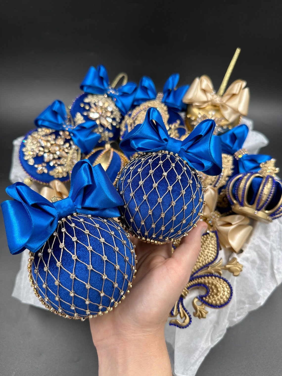Set of Royal Blue and Gold Christmas Ornaments in the Gift Box. Velvet ...