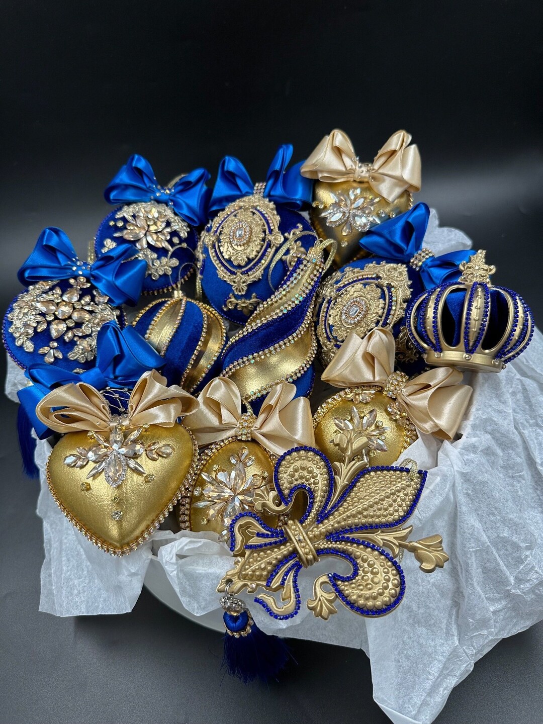 Set of Royal Blue and Gold Christmas Ornaments in the Gift Box- 14 Pcs ...