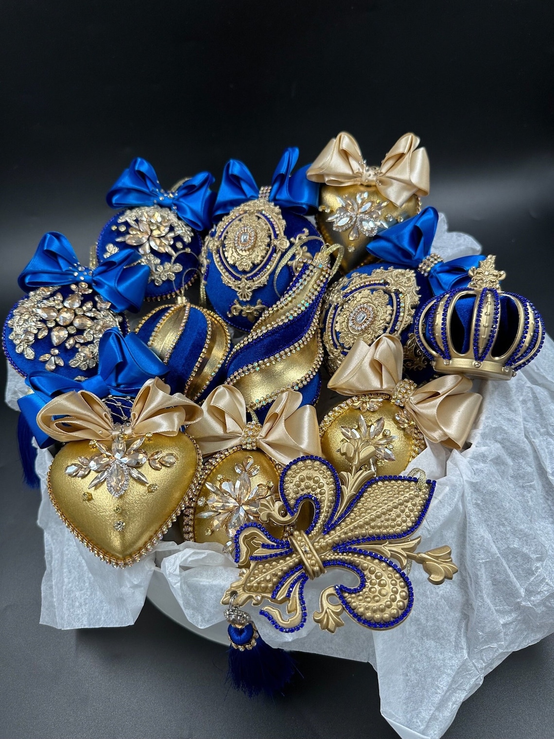 Set of Royal Blue and Gold Christmas Ornaments in the Gift Box. Velvet ...
