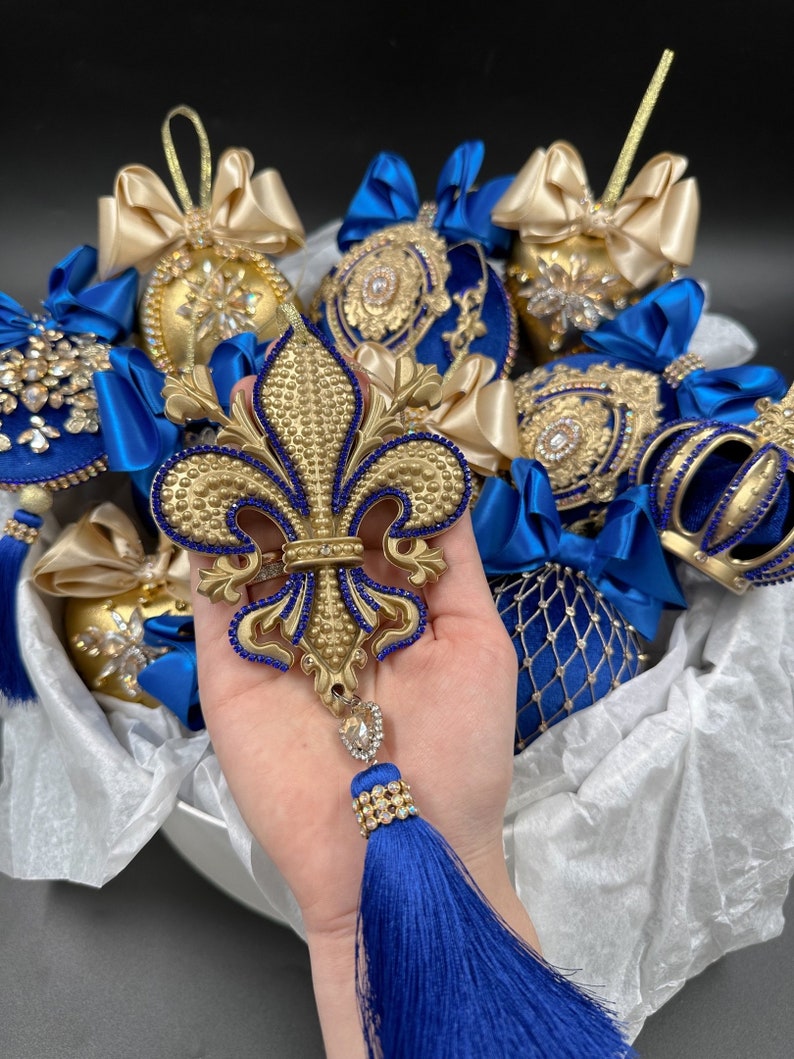 Set of Royal Blue and Gold Christmas Ornaments in the Gift Box- 14 Pcs ...