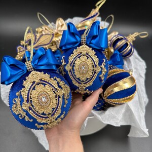 Set of Royal Blue and Gold Christmas Ornaments in the Gift Box- 14 Pcs ...