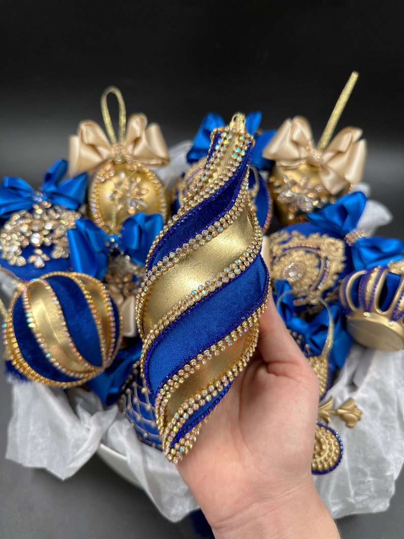 Set of Royal Blue and Gold Christmas Ornaments in the Gift Box- 14 Pcs ...