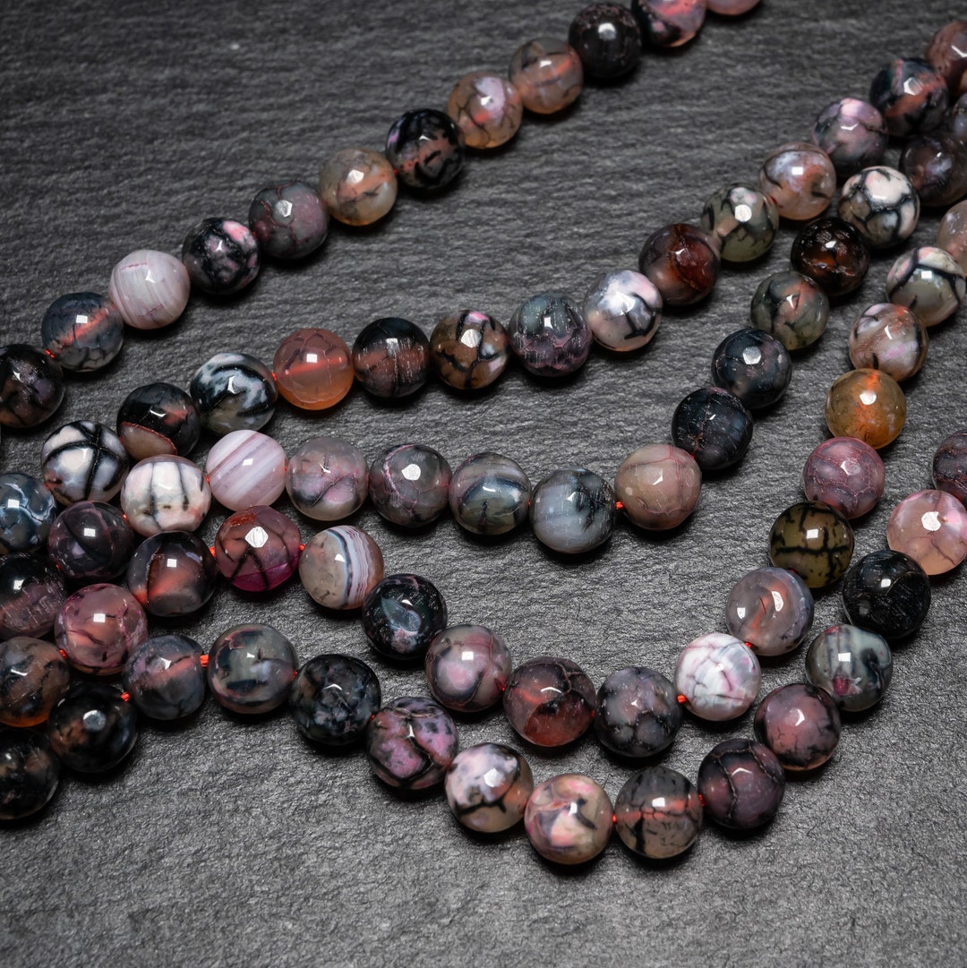 8mm Faceted Fire Crackle Agate Round Beads, Dragon Veins Agate Gemstone ...