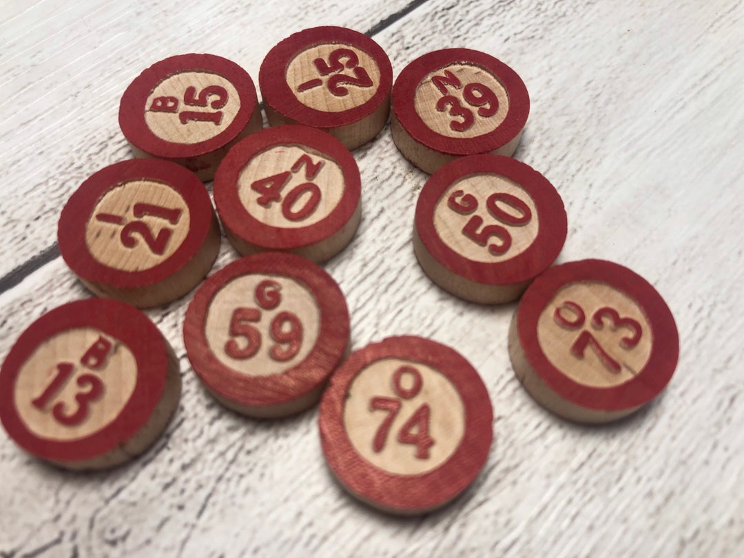Ten (10) Pieces Vintage Wood Bingo Pieces With Red Print for Crafting ...