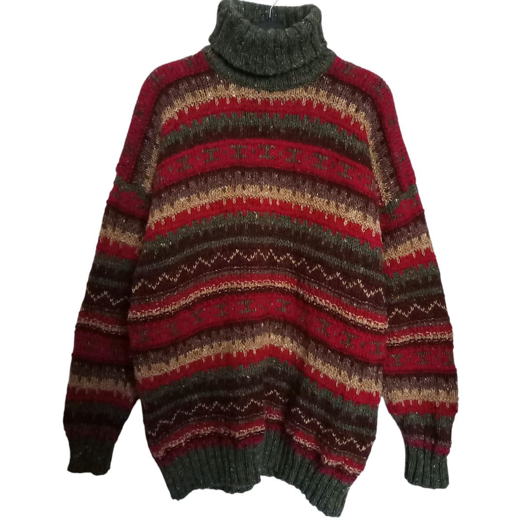 Vintage James Meade 100% Wool Roll Neck Patterned Jumper Red Green Men ...