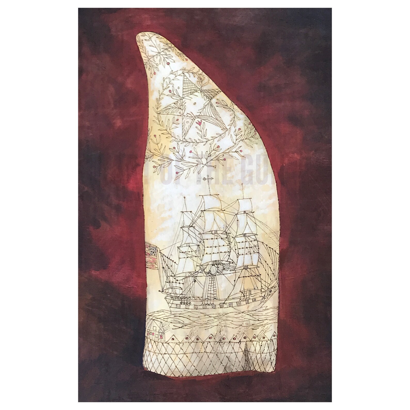 Scrimshaw Whale Tooth Original Painting on Wood Board | Americana ...