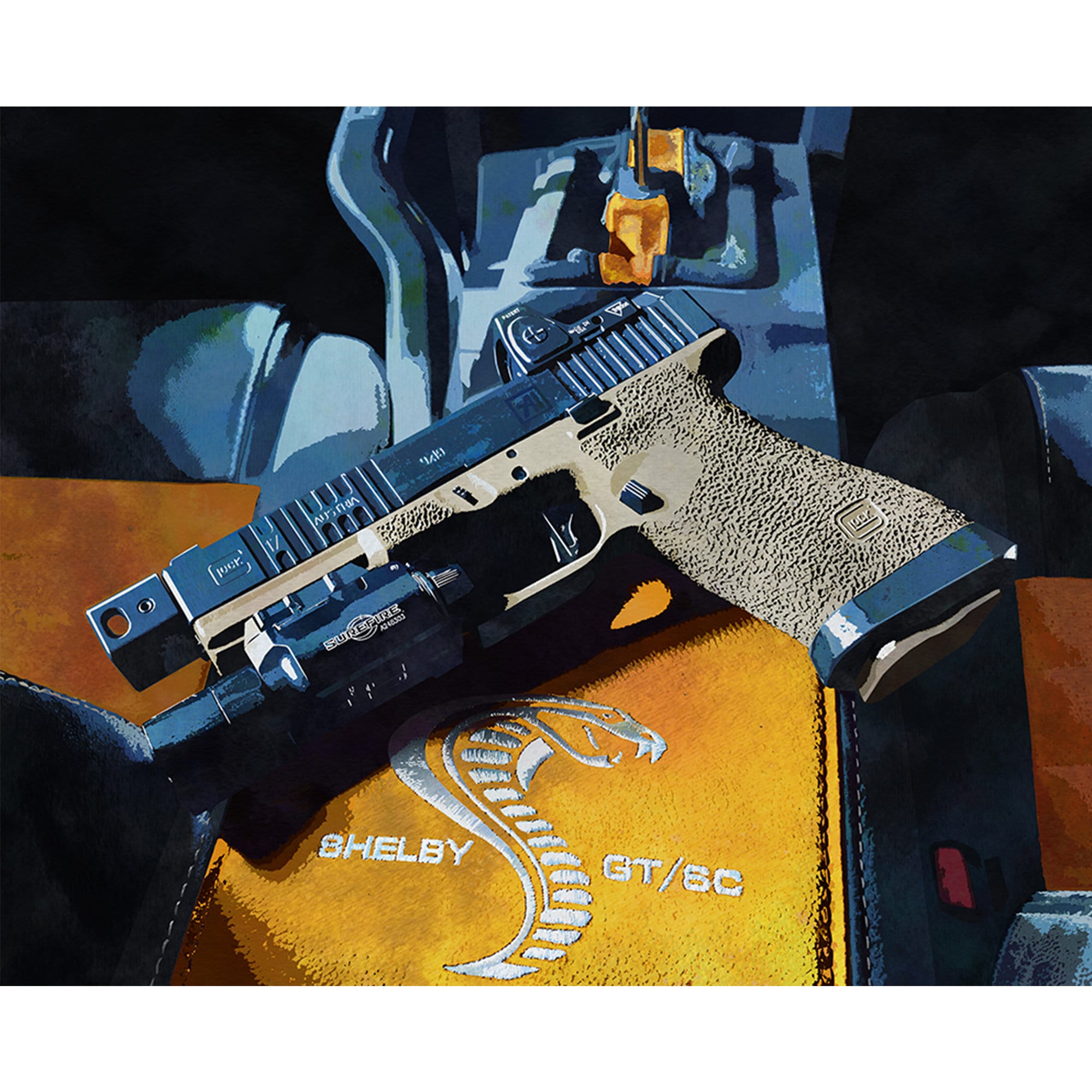 Glock 17 on Signature Shelby Cobra Console Art Print | Art of the Gun Glock 17 Firearm ...