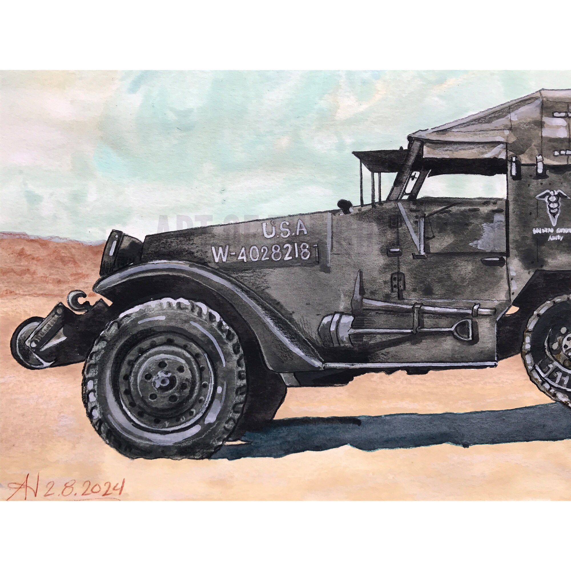 WW2 US Army M-3 Halftrack Ambulance - 1942 | 12x18 Original Watercolor ...