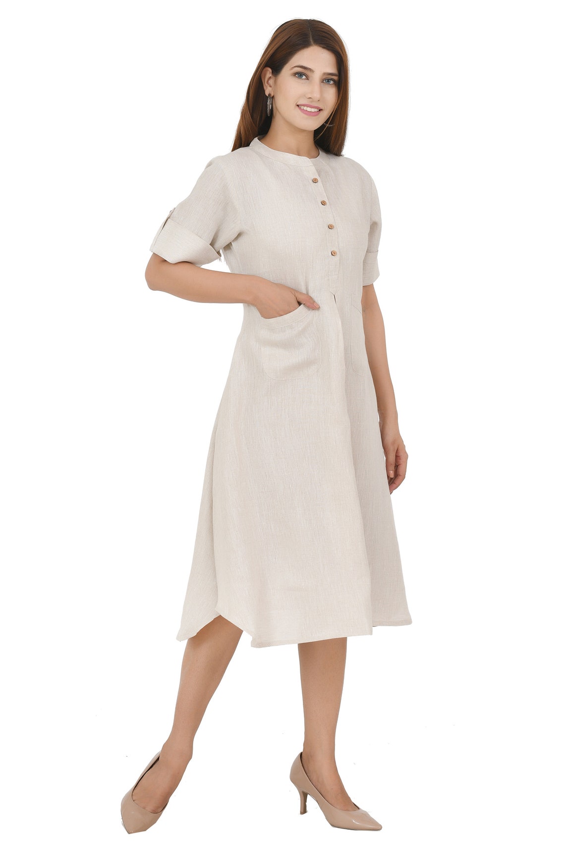 Pretty A-line Linen Dress, Knee-length, Loose-fit Natural Linen Dress ...