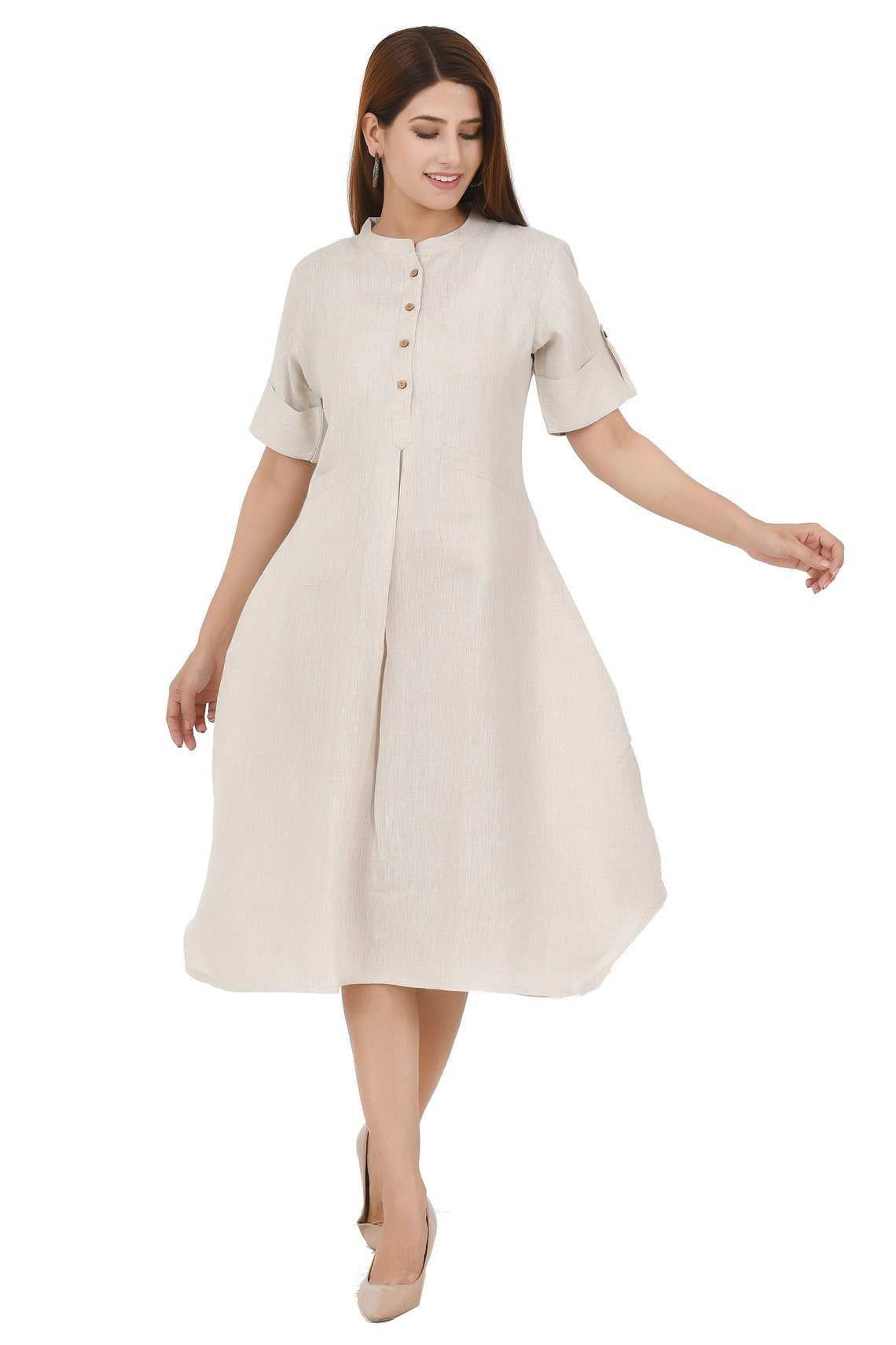 Pretty A-line Linen Dress, Knee-length, Loose-fit Natural Linen Dress ...