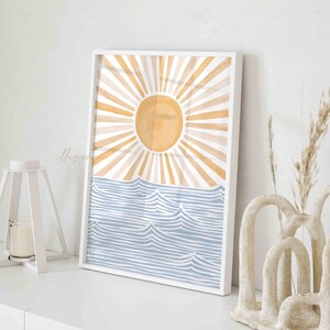 Boho Landscape Poster, Printable Wall Art, Ocean Waves Poster, Sunburst ...