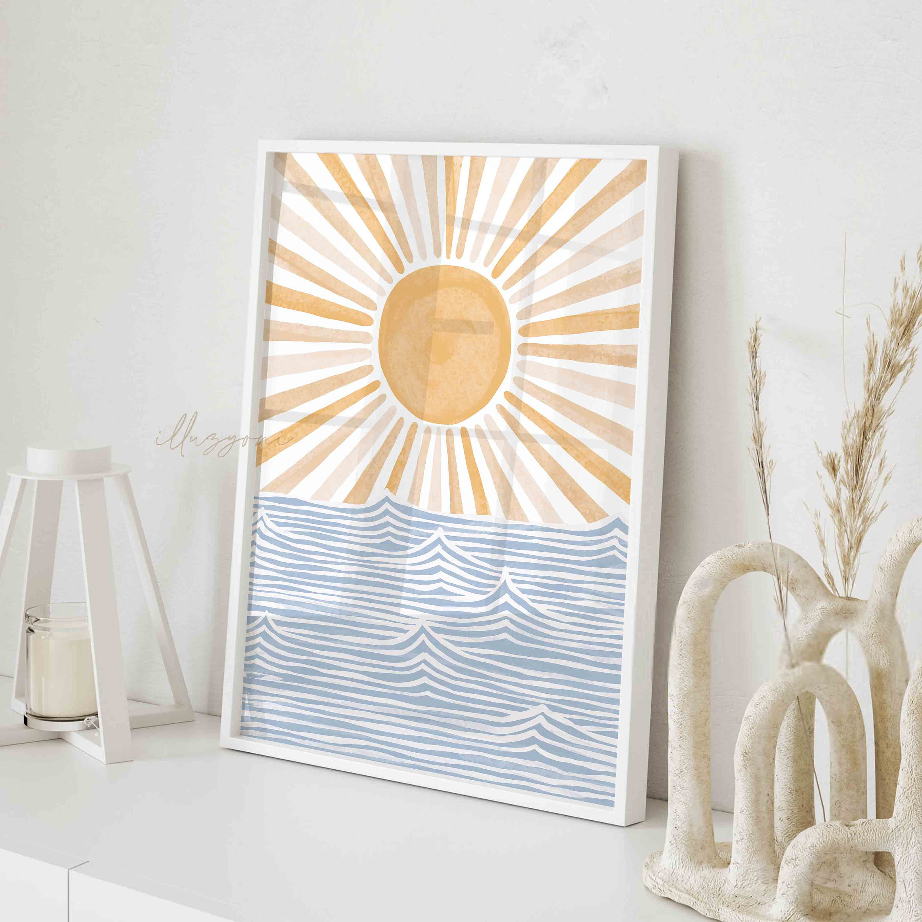Boho Landscape Poster, Printable Wall Art, Ocean Waves Poster, Sunburst ...