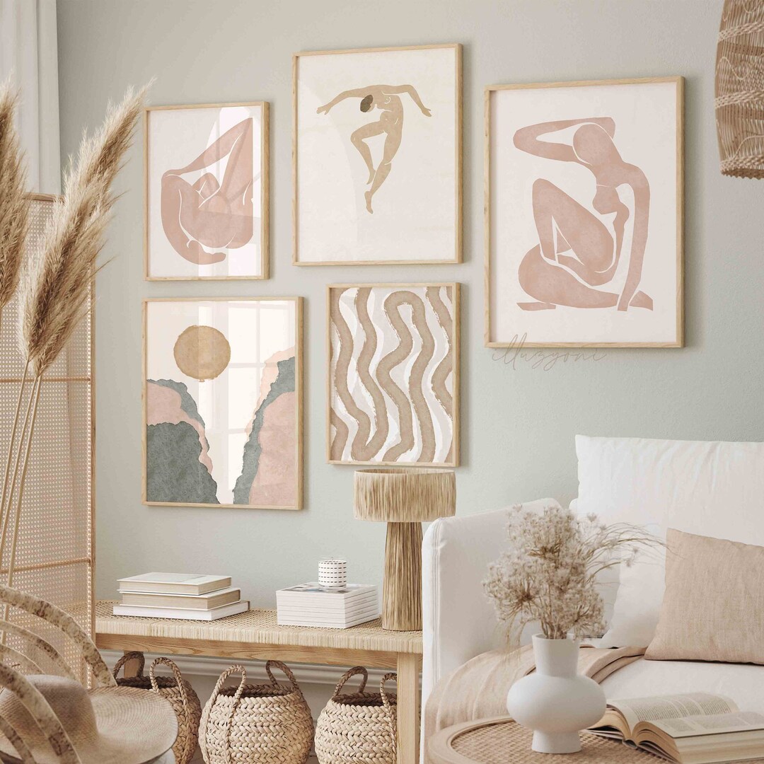 Abstract Set of 5 Prints, Printable Wall Art, Pink Woman Figure, One ...