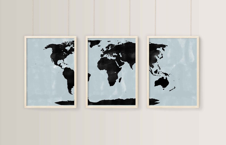 World Map Set of 3 Prints Printable Wall Art World Piece | Etsy