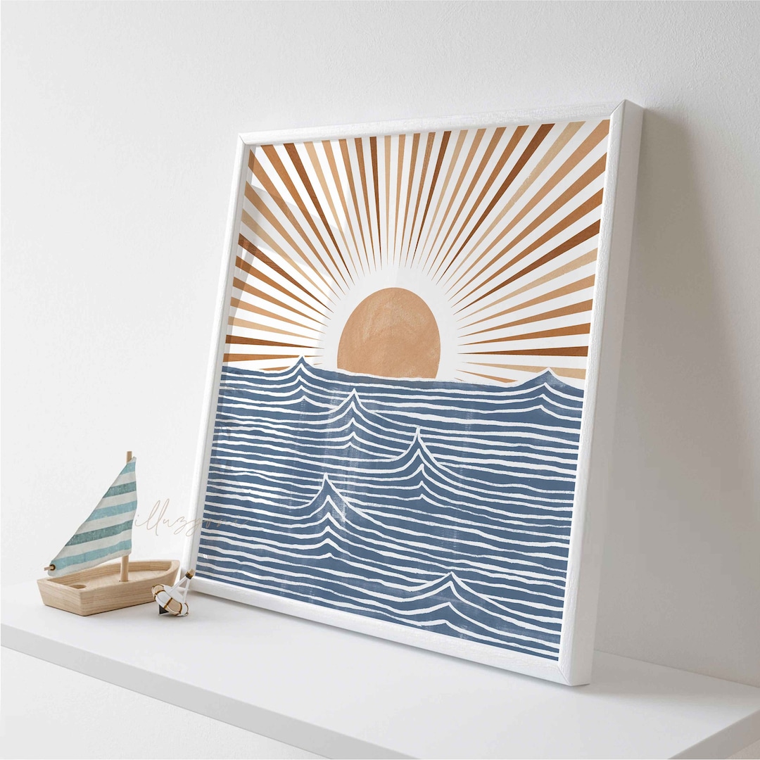 Square Boho Landscape Print, Printable Wall Art, Blue Ocean, Abstract ...