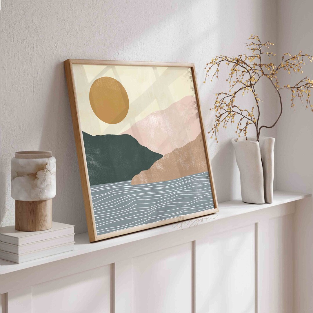 Square Boho Landscape Print, Printable Wall Art, Blue Ocean Abstract ...