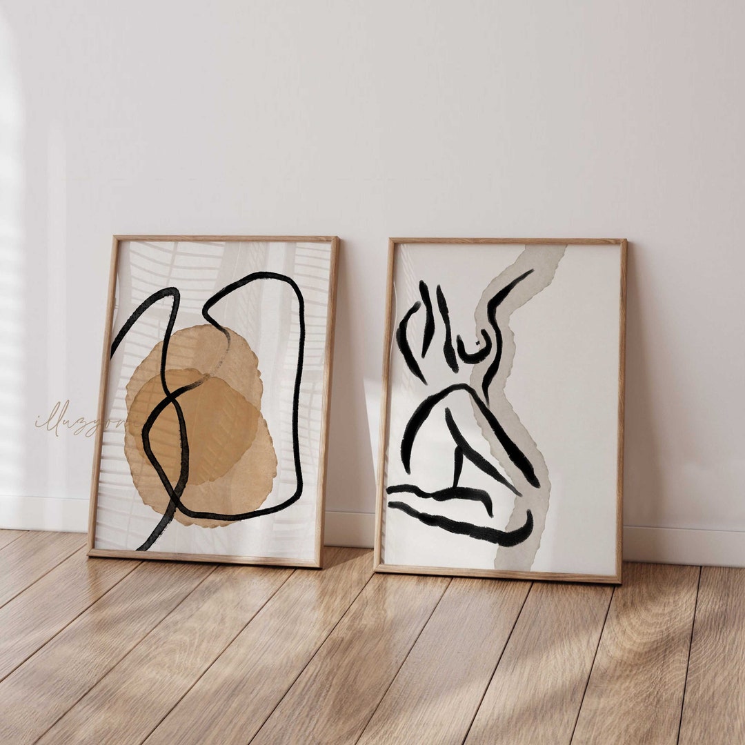 Boho 2er Set Drucke, abstrakte nackte Frau Zeichnung, eine Linie Skizze, druckbare Wandkunst ...