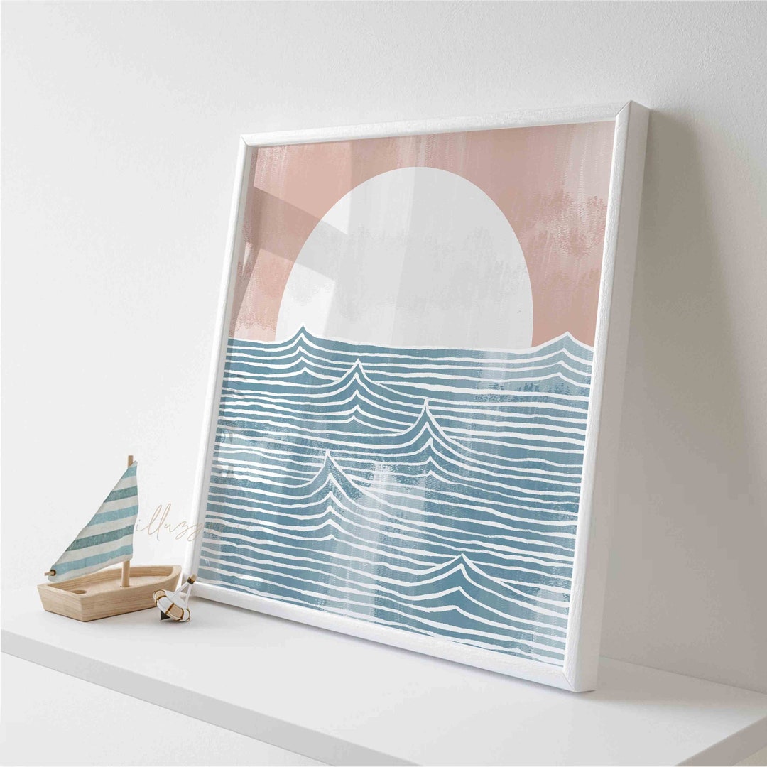 Square Boho Landscape Print, Printable Wall Art, Blue Ocean, Abstract ...