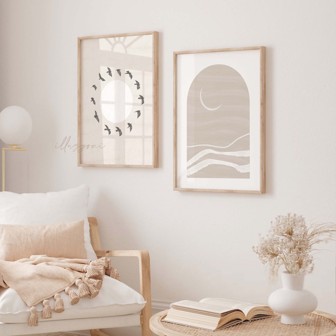 Sonne und Mond, Boho Wandkunst, Midcentury, 2er Set Print, Sunburst Print, druckbare Wandkunst ...