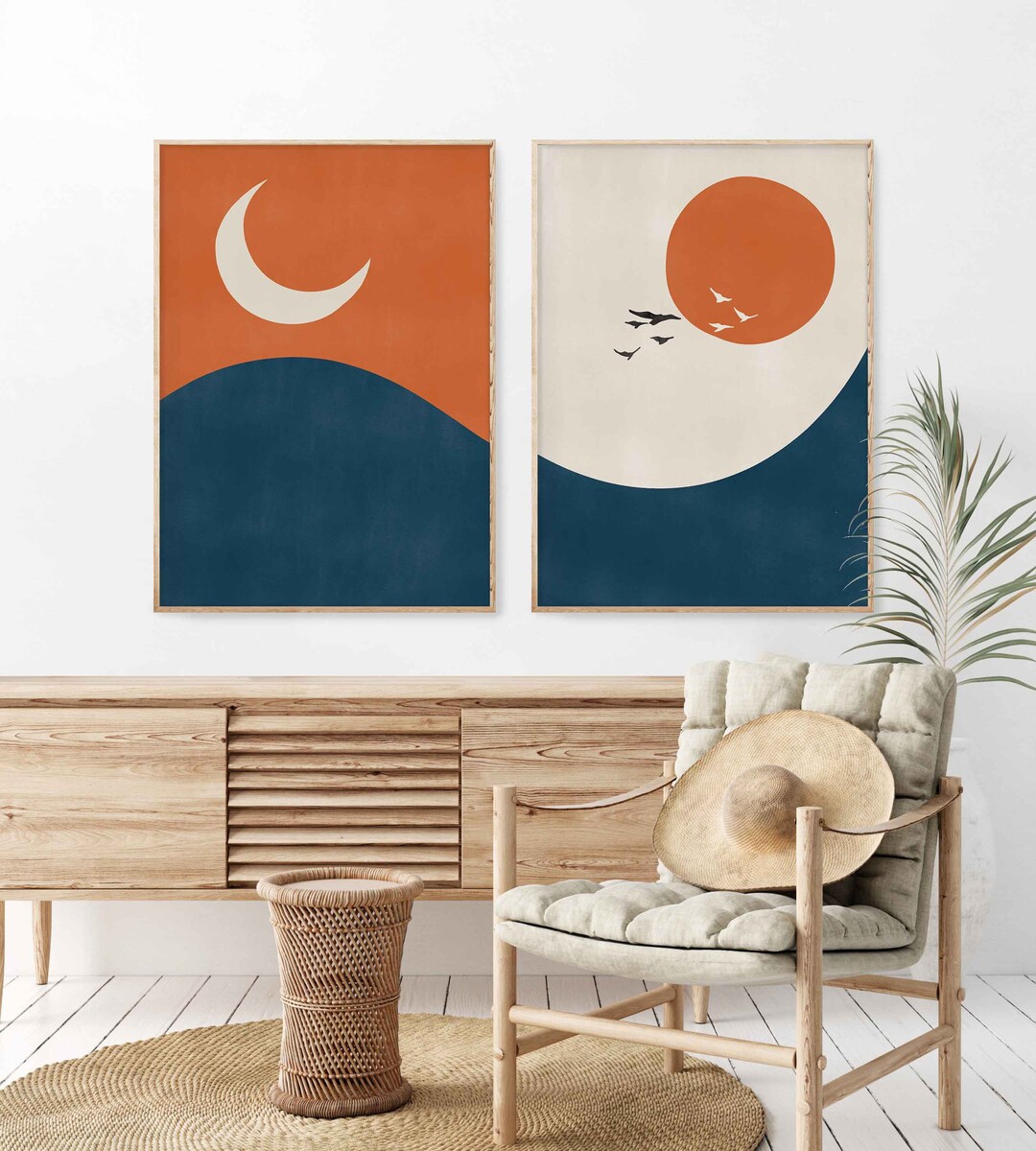 Sun and Moon Set of 2 Prints Boho Home Decor Mid Century - Etsy