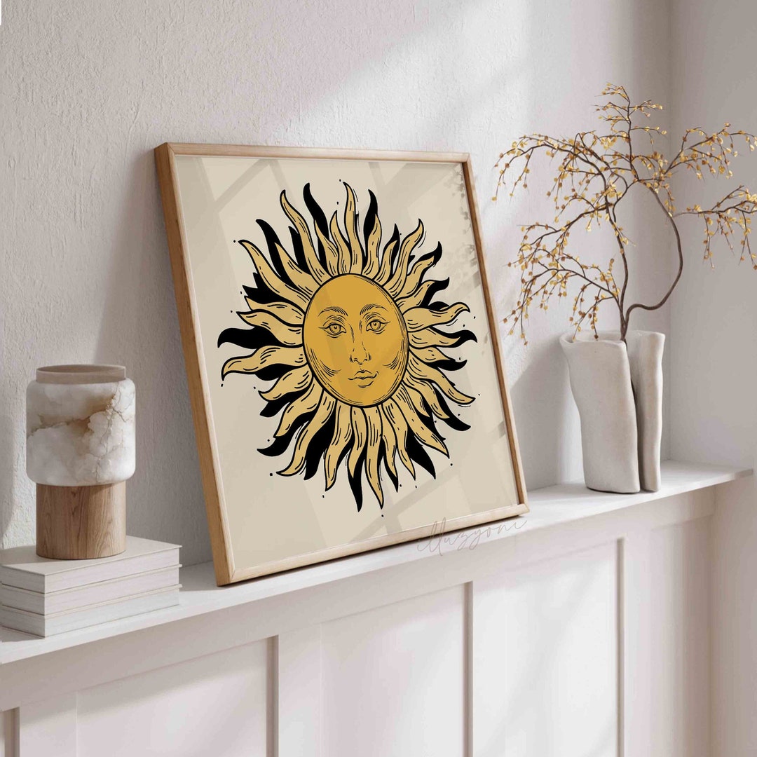 Vintage Boho Sun Print, Printable Wall Art, Mid Century Print, One Line ...