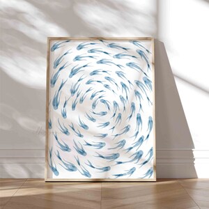 Abstract Blue Fish Drawing, Minimal Circle Ocean Sketch, Printable Wall ...