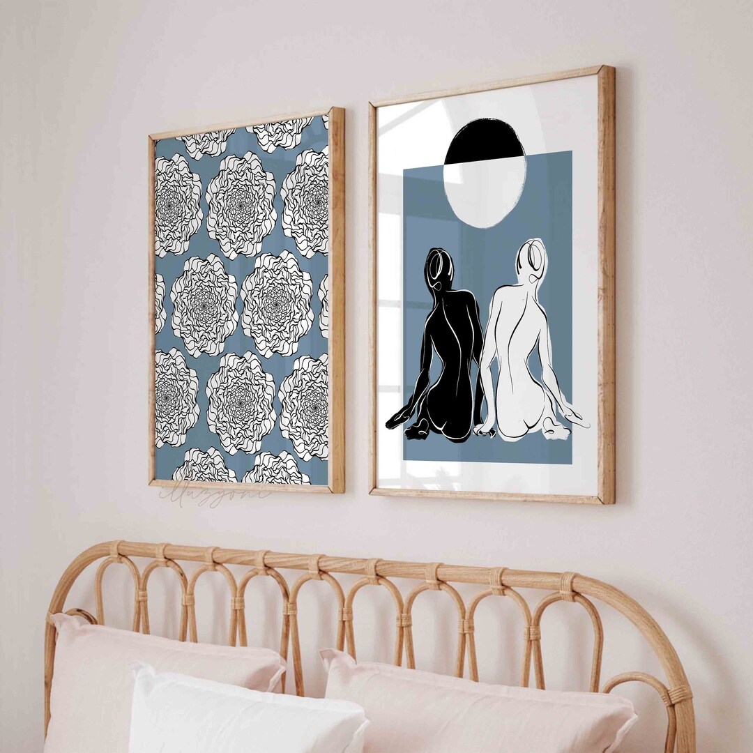 Blaue Boho Wand Kunst, 2er-Set Prints, druckbare Wandkunst, Abstrakte Frau, Blumenmarkt ...