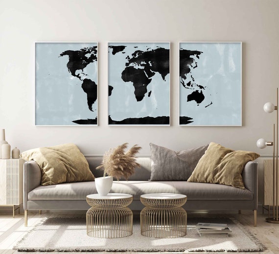 World Map Set of 3 Prints Printable Wall Art World Piece | Etsy