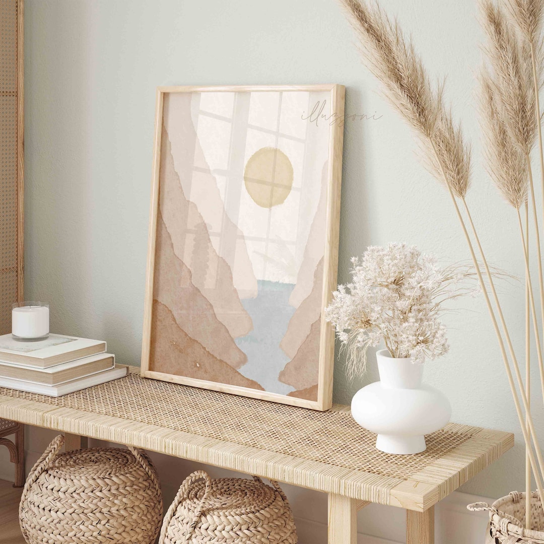 Abstract Landscape Drawing, Printable Wall Art, Mid Century Sun ...