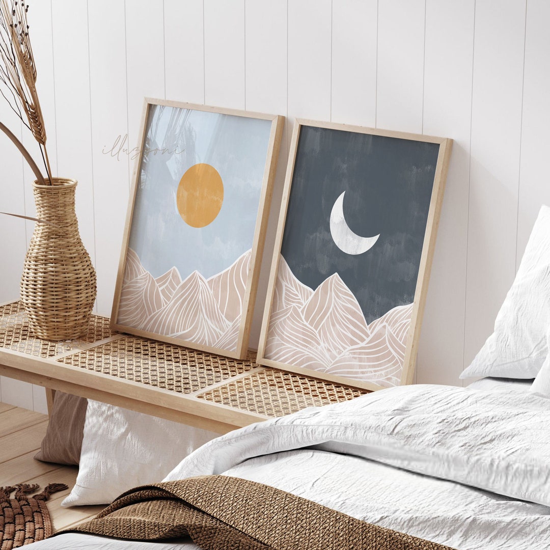 Sonne und Mond 2er-Set Prints, Boho Wohnkultur, Berg Poster, orange ...