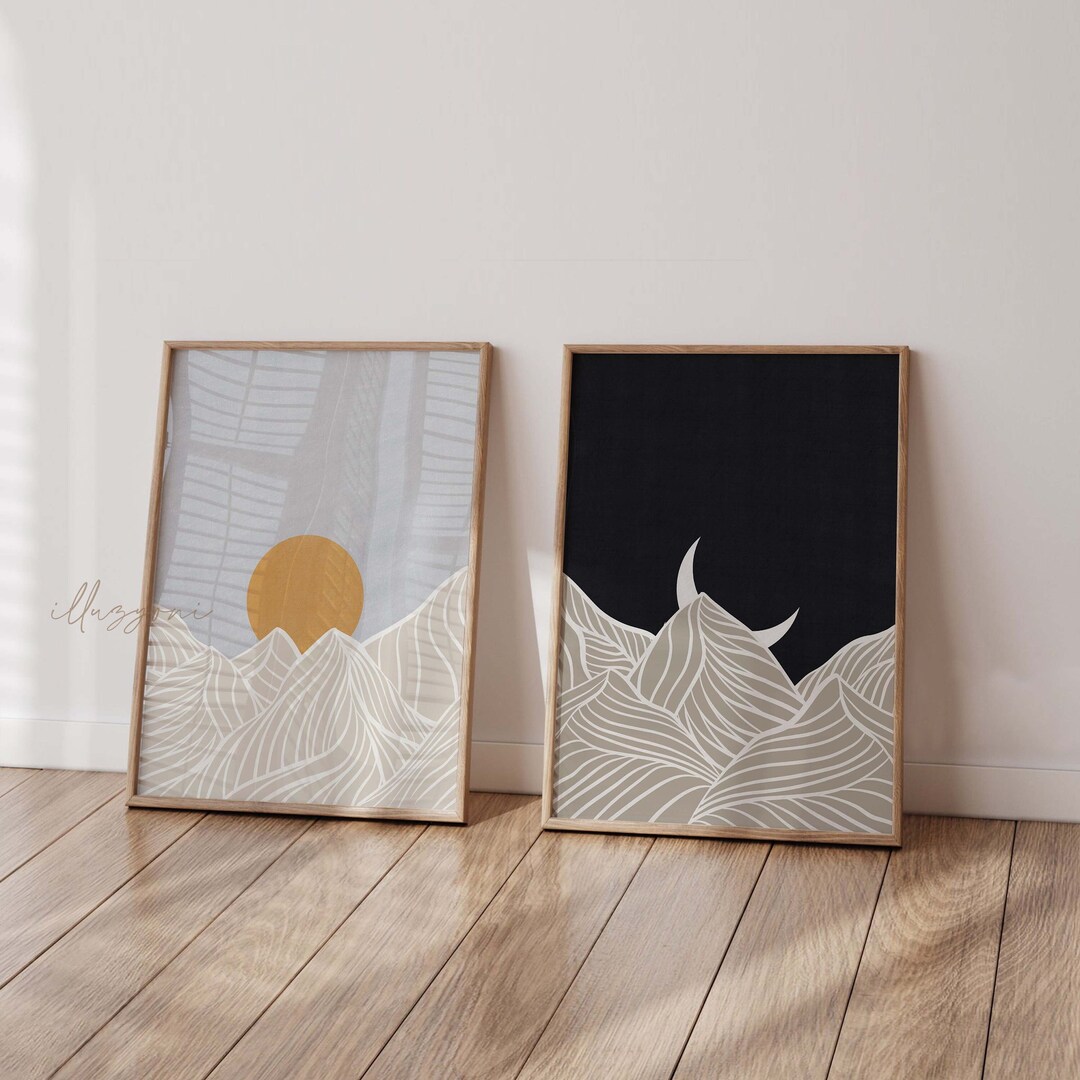 Sonne und Mond 2er-Set, Boho-Dekoration, Kinderzimmer-Druck, Berg ...