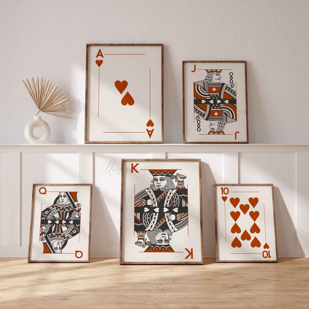 Playing Cards, Set of 5 Prints, Queen and King of Hearts, Hearts, Royal ...