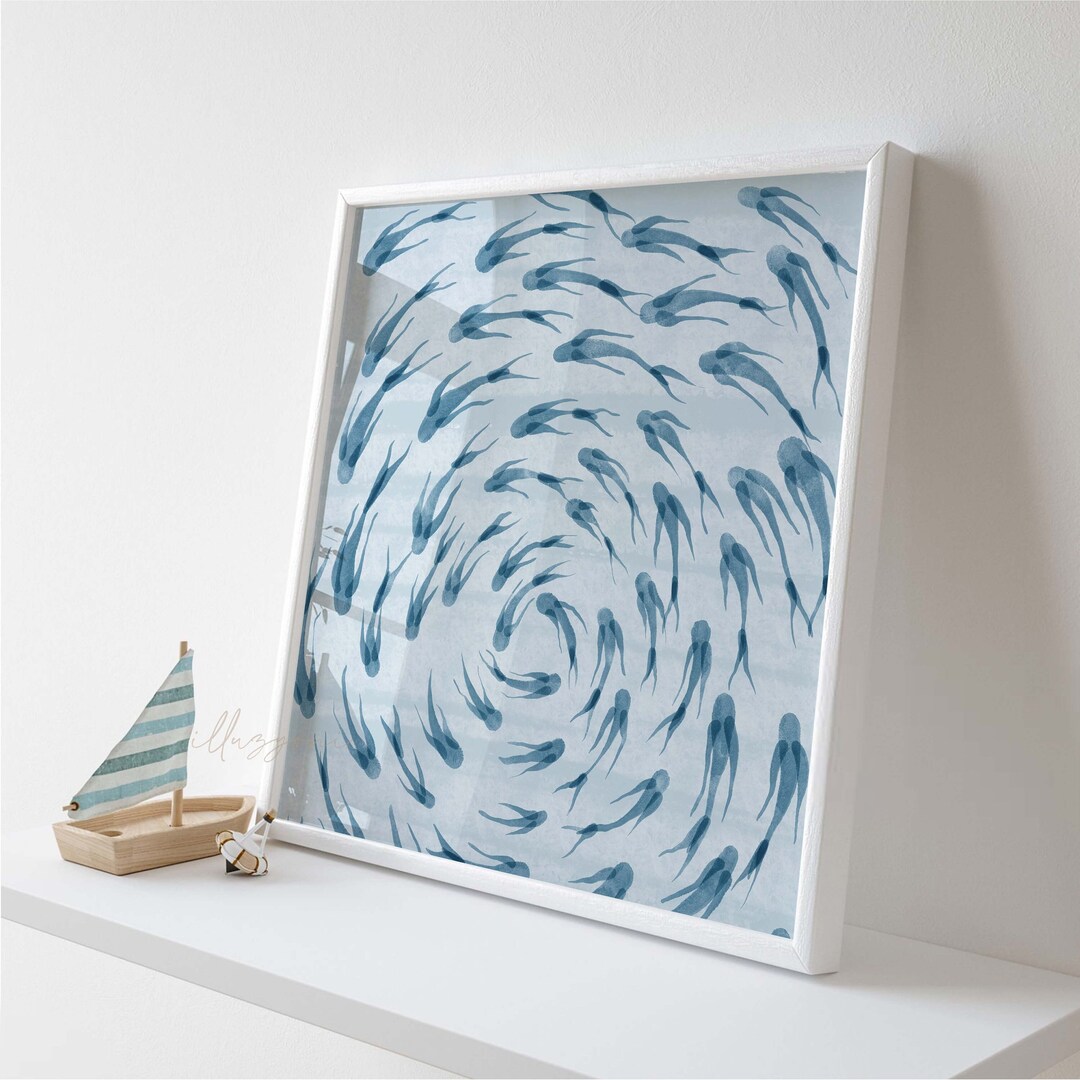 Abstract Blue Fish Drawing, Minimal Circle Ocean Sketch, Printable Wall ...