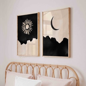 Boho Set of 2 Prints, Abstract Sun and Moon Phases, Mid Century Poster ...