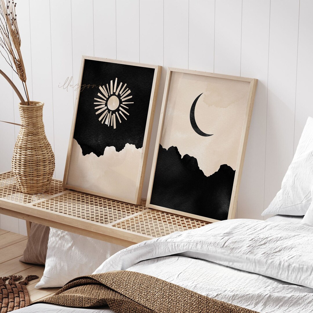 Boho Set of 2 Prints, Abstract Sun and Moon Phases, Mid Century Poster ...