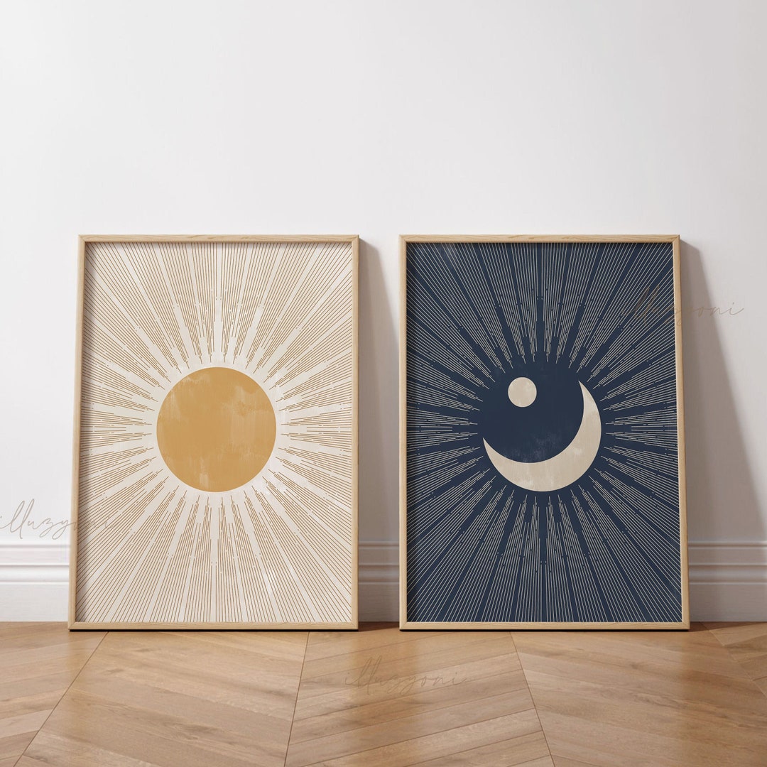 Abstract Sun and Moon Phases, Boho Home Art, Mid Century, Modern Set of ...