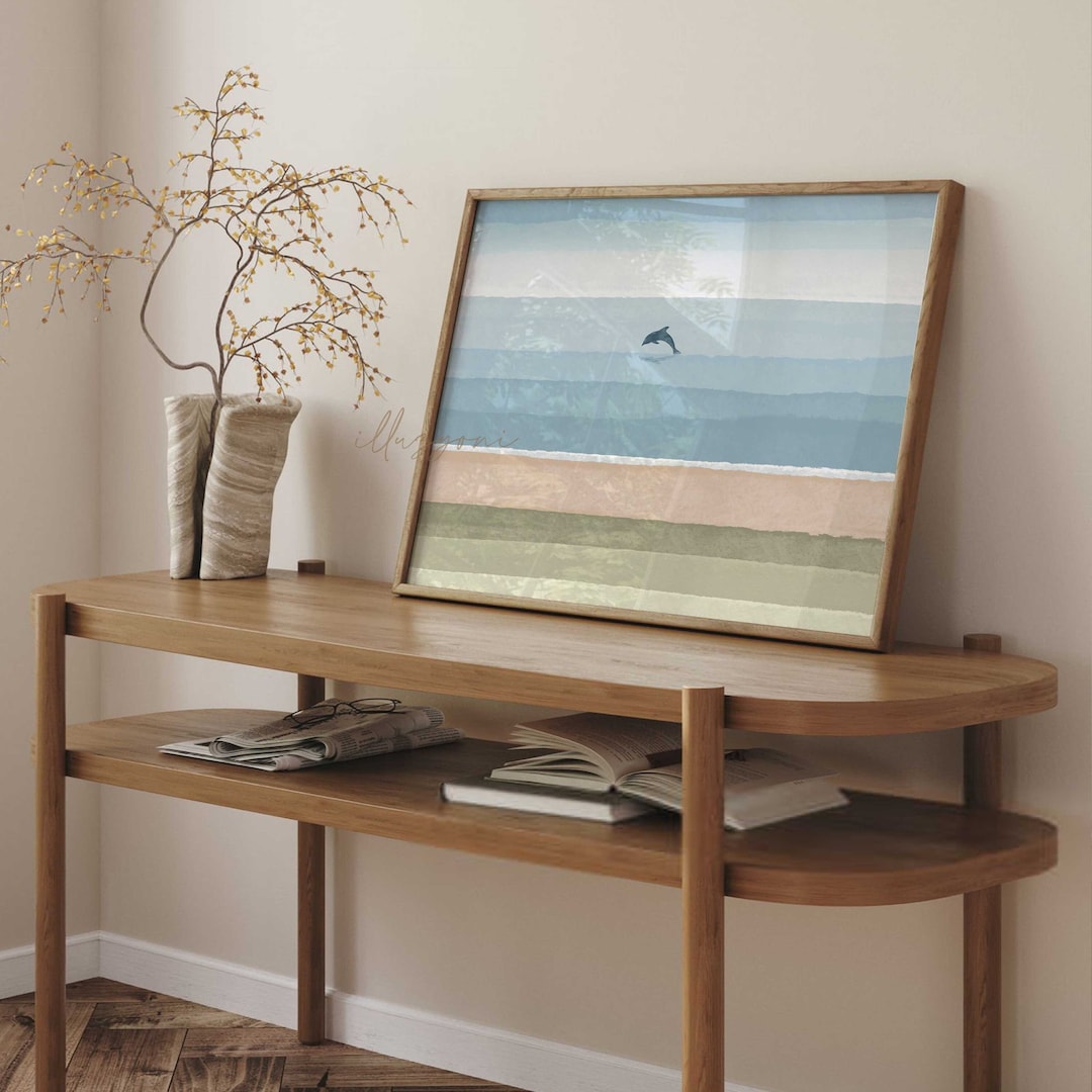 Boho Landscape Drawing, Minimal Dolphin Sketch, Blue Ocean, Printable ...